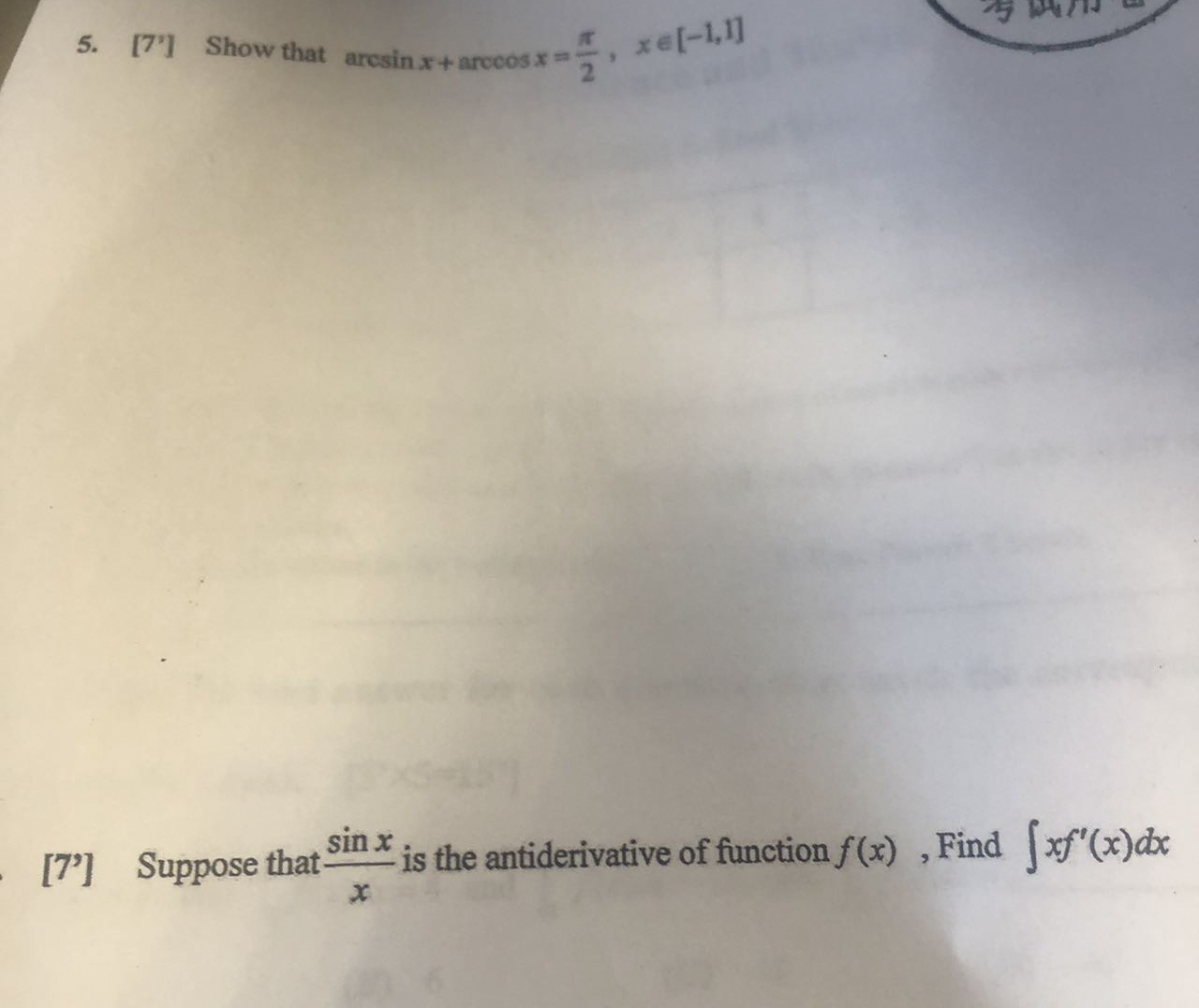 Solved [7] ﻿show That Arcsinx Arccosx π2 Xin[ 1 1][7]