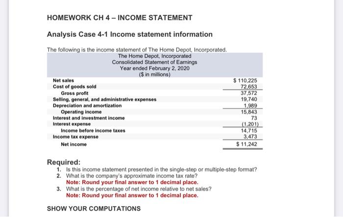 Solved Analysis Case 4-1 Income statement information | Chegg.com