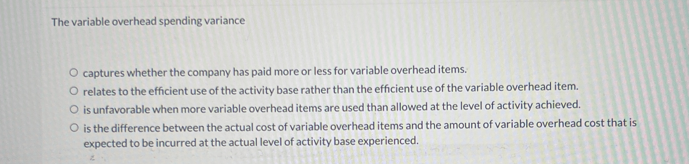 Solved The variable overhead spending variancecaptures | Chegg.com