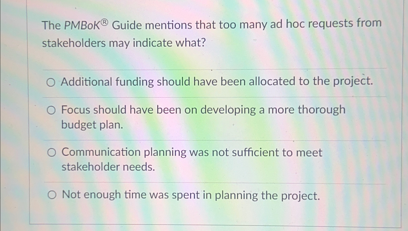 Solved The PMBoK ?® ﻿Guide mentions that too many ad hoc | Chegg.com