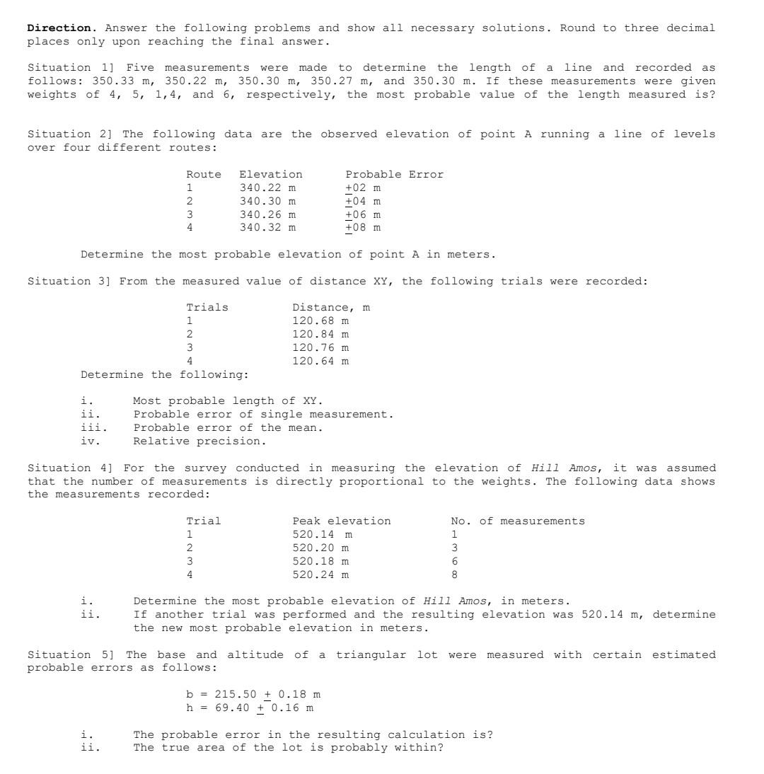 Solved Direction. Answer the following problems and show all | Chegg.com