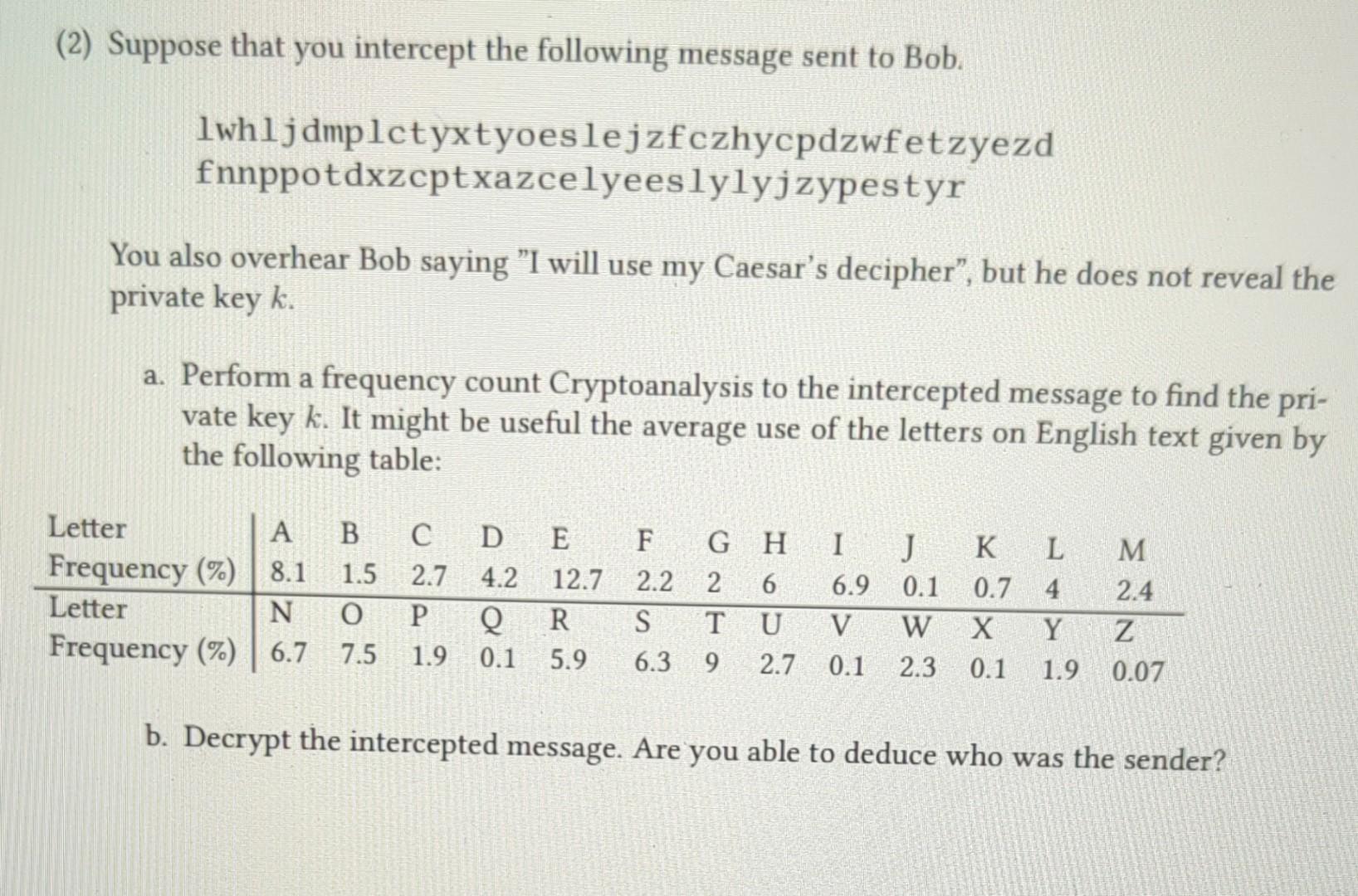 Solved (2) Suppose that you intercept the following message | Chegg.com