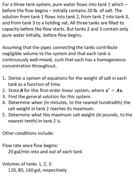 Solved For a three tank system, pure water flows into tank 1 | Chegg.com