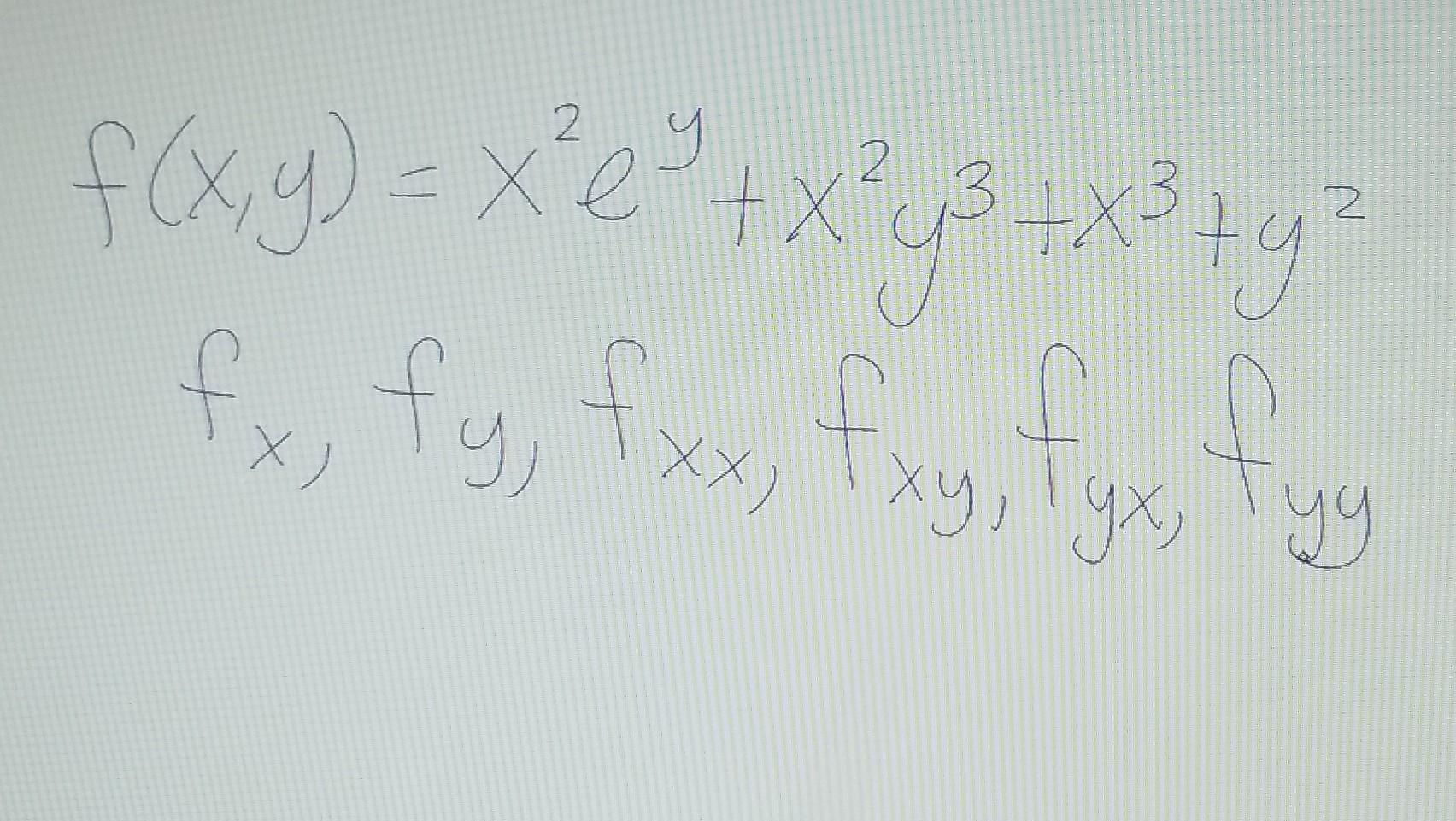Solved fXe x x f(x,y) = x²e + x²y3 + x² + y² x f, fy fy, fxx | Chegg.com