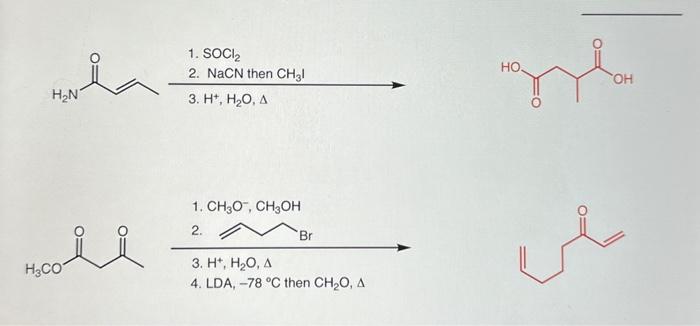 Solved 1. SOCl2 2. NaCN then CH3I 3. H+,H2O,Δ 1. CH3O−,CH3OH | Chegg.com