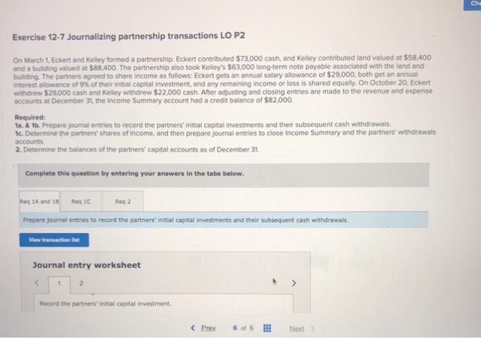 Solved Che Exercise 12-7 Journalizing partnership | Chegg.com