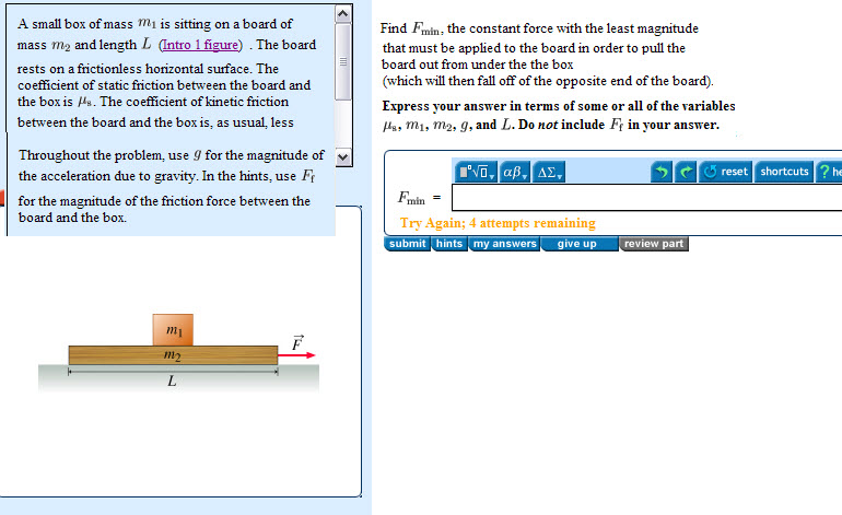 Solved A small box of mass m1 is sitting on a board of mass | Chegg.com