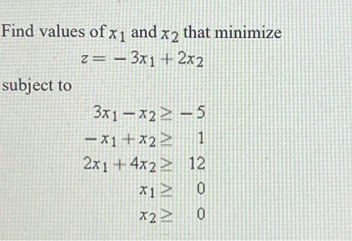 Solved Find values of x1 and x2 that minimize z=−3x1+2x2 | Chegg.com