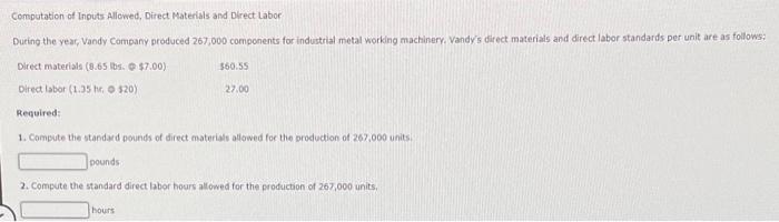 Solved Computation of Inputs Allowed, Direct Materials and | Chegg.com