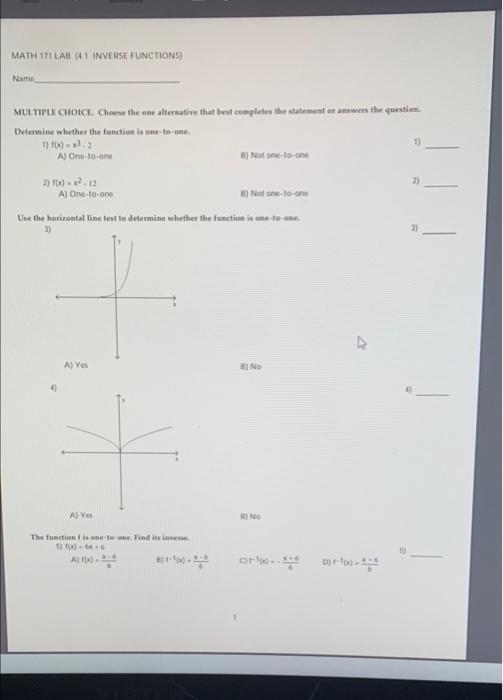 Solved MATH 171 LAR (41 INVERSE FUNCTIONS) Name 11 MULTIPLE | Chegg.com