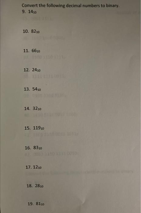 Solved Convert the following decimal numbers to binary. 9. | Chegg.com