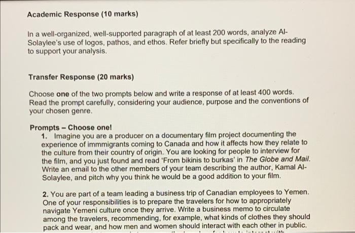 Academic Response (10 marks) In a well-organized, | Chegg.com