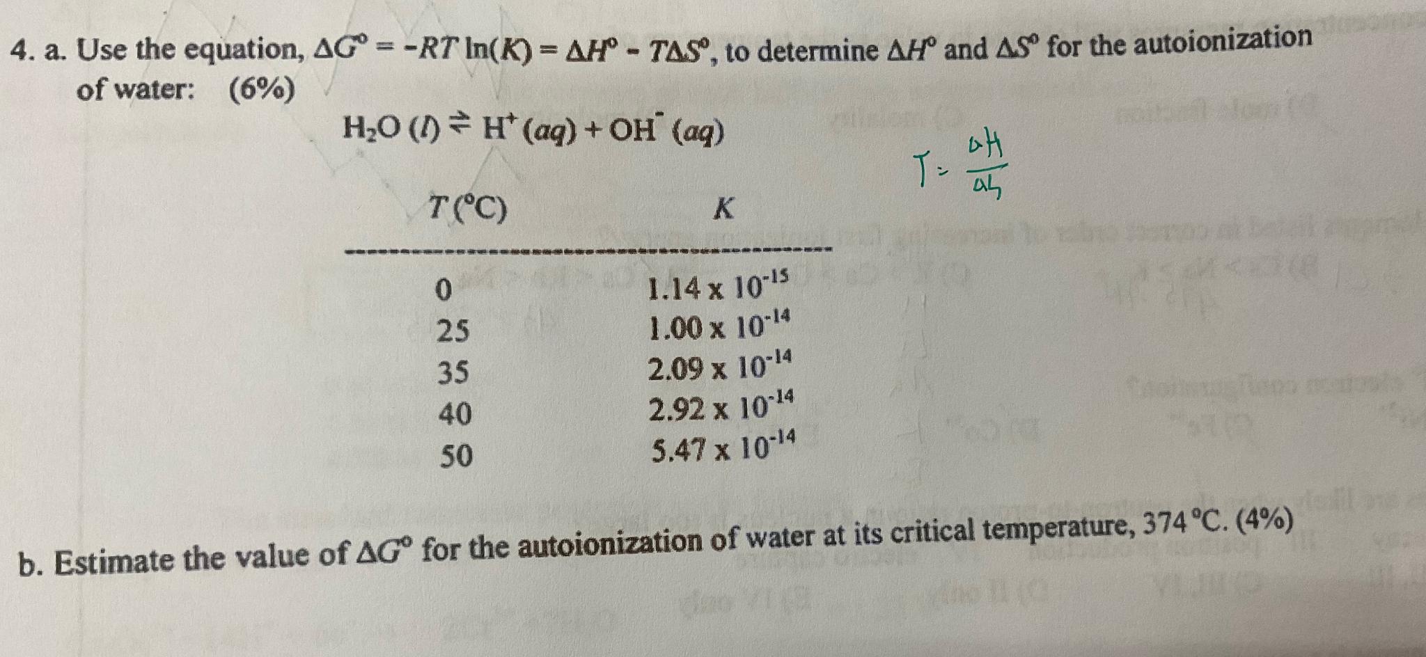 Solved a. ﻿Use the equation, ΔG°=-RTln(K)=ΔH°-TΔS°, ﻿to | Chegg.com