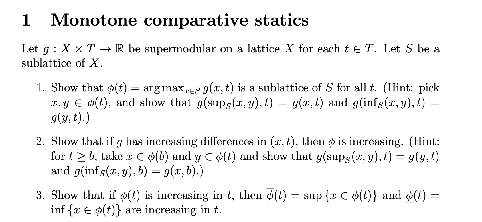 Solved 1 ﻿Monotone comparative staticsLet g:x×T→R ﻿be | Chegg.com