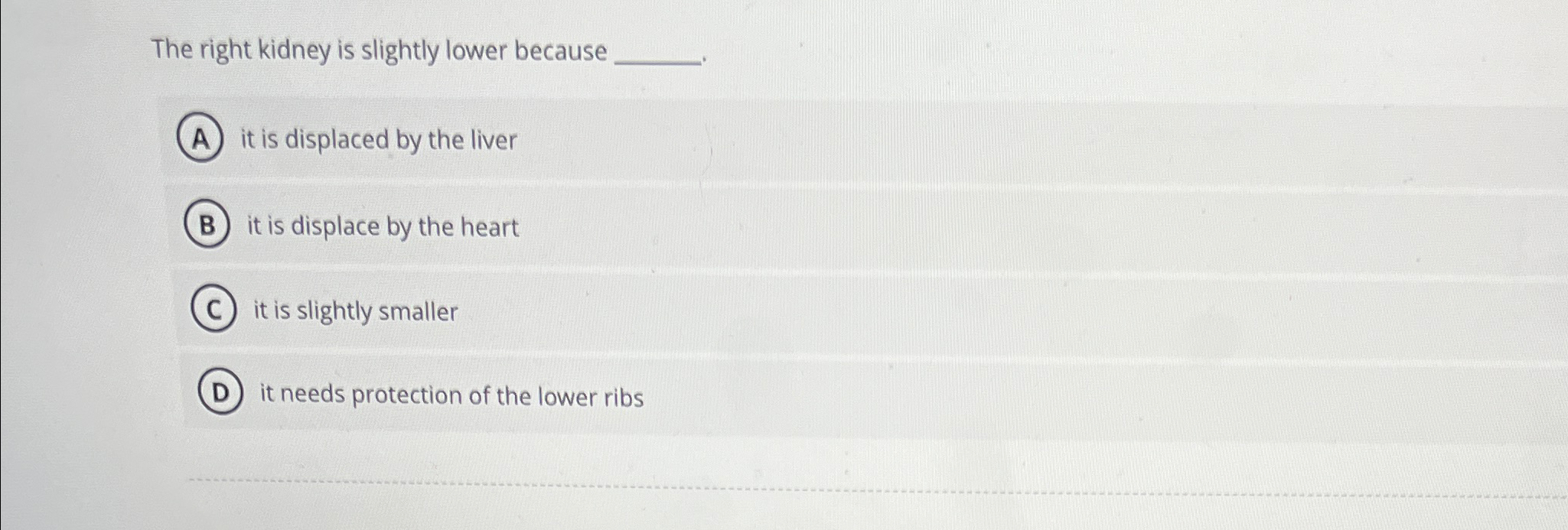 Solved The right kidney is slightly lower becauseit is | Chegg.com