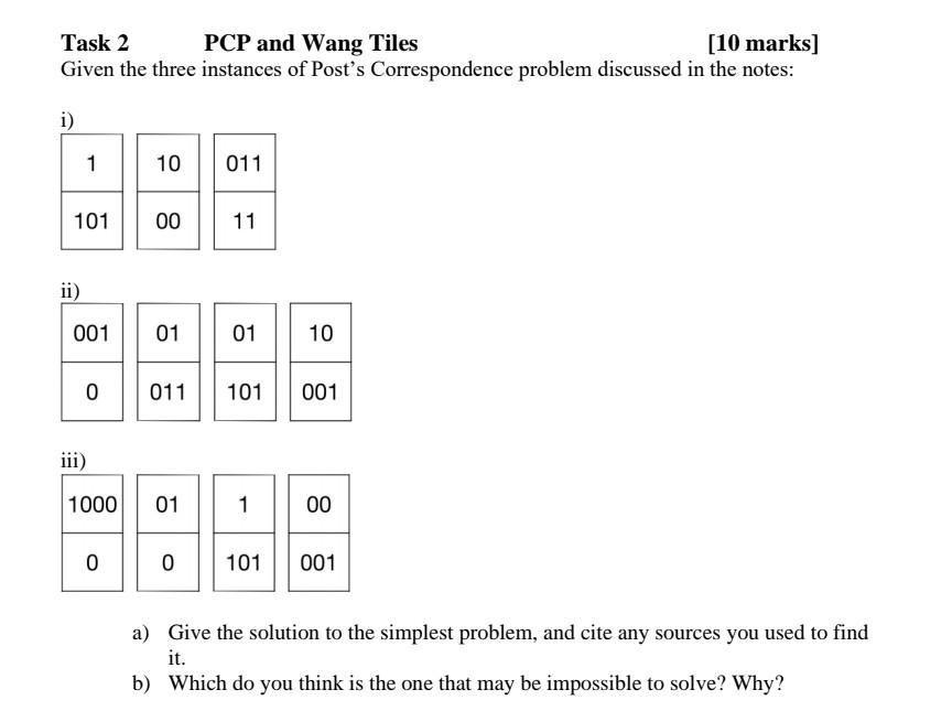 Solved Task 2 PCP and Wang Tiles [10 marks] Given the three | Chegg.com