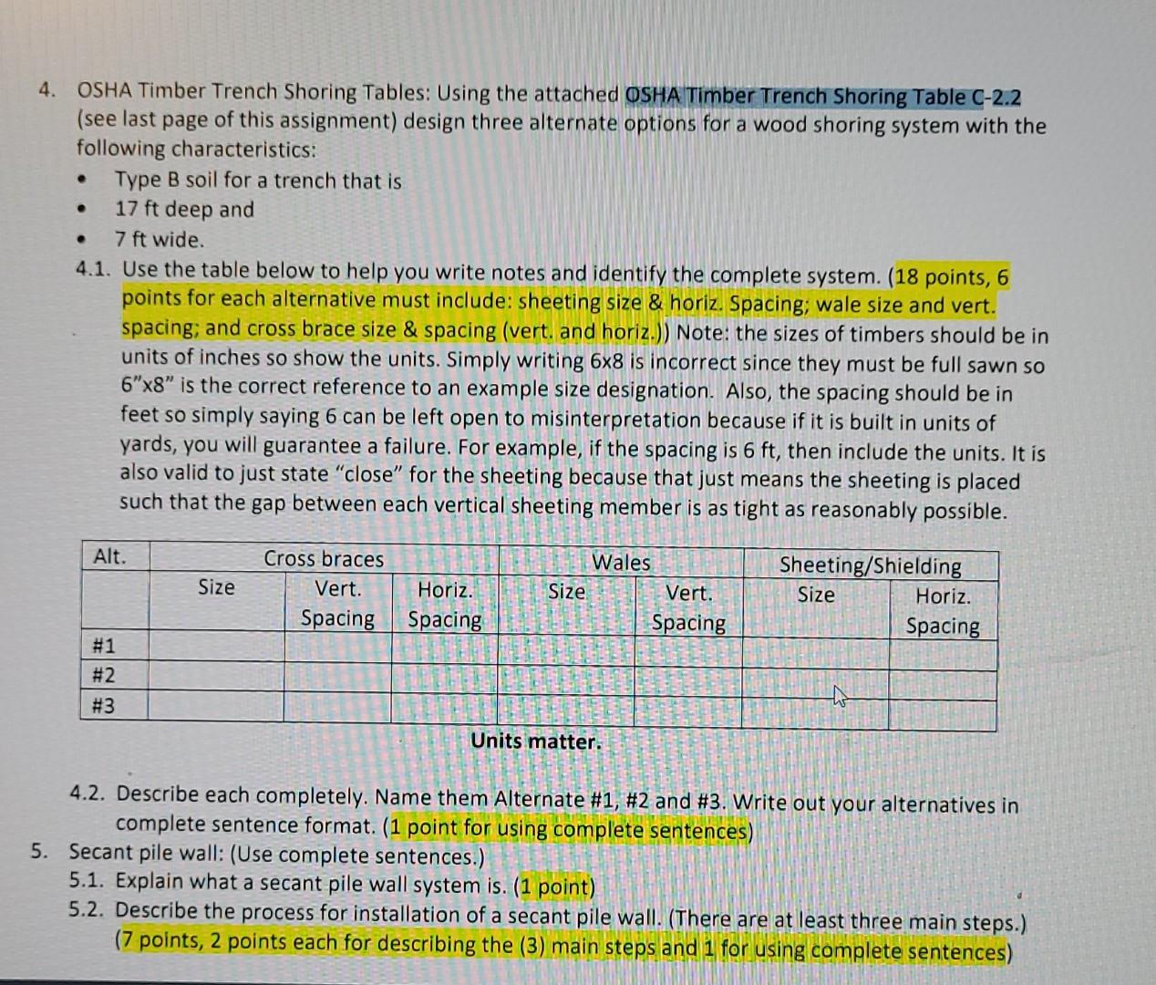 Solved . 4. OSHA Timber Trench Shoring Tables: Using the | Chegg.com