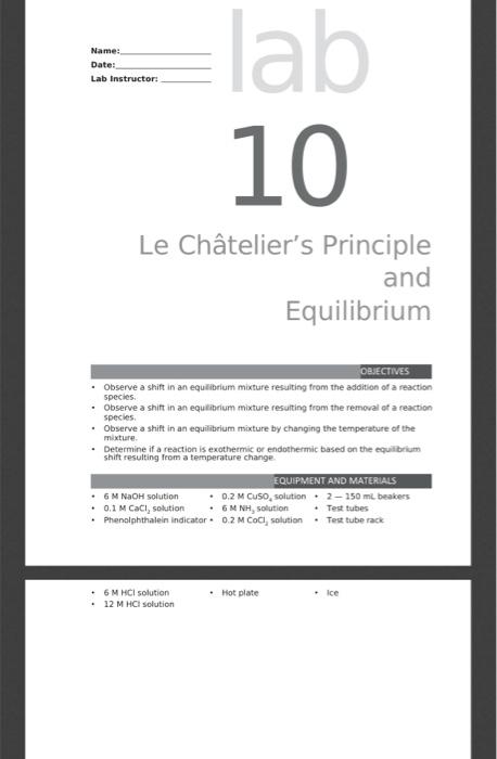 Solved Name: Date: Lab Instructor: lab 10 Le Châtelier's | Chegg.com