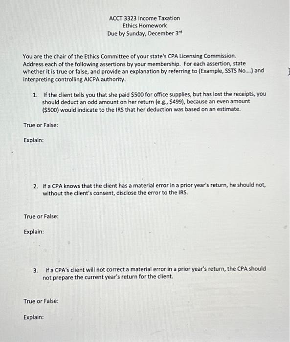 ACCT 3323 Income Taxation Ethics Homework Due by | Chegg.com