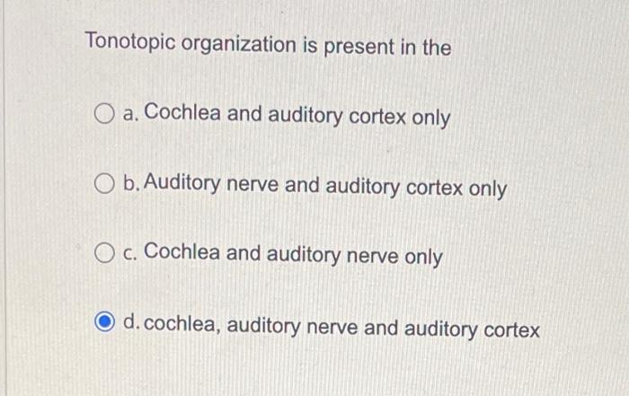 Solved Tonotopic organization is present in the a. Cochlea | Chegg.com