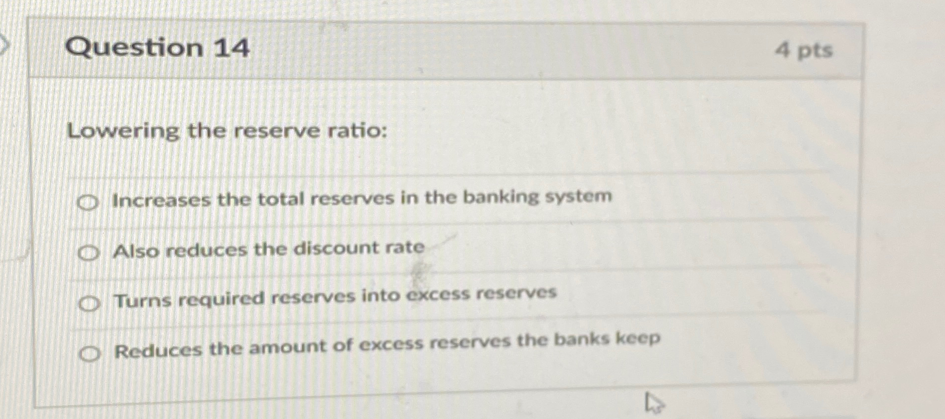 Solved Question 144 ﻿ptsLowering the reserve ratio:Increases | Chegg.com