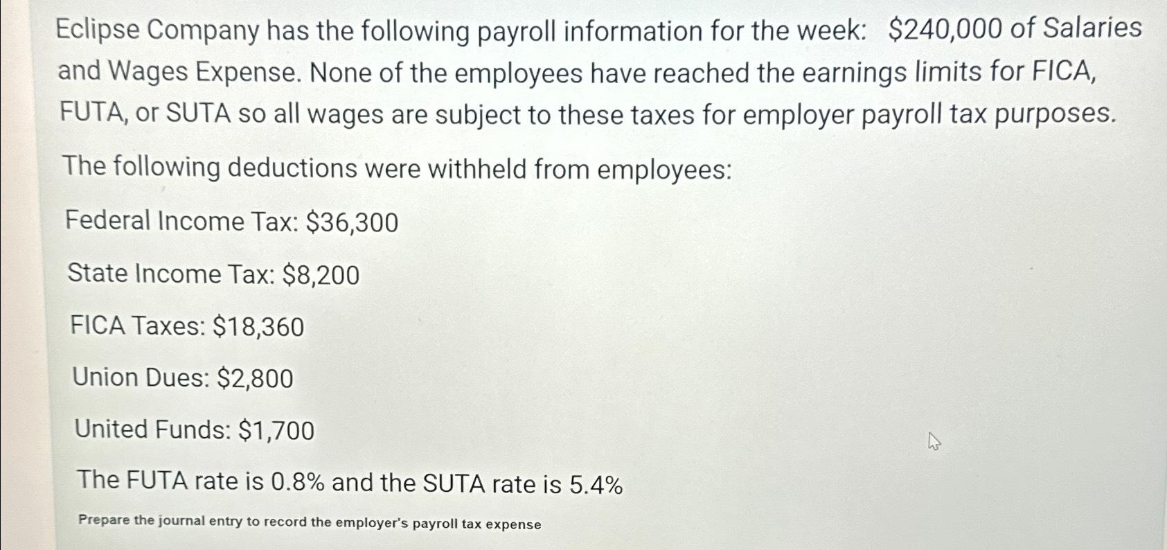 Solved Eclipse Company has the following payroll information | Chegg.com