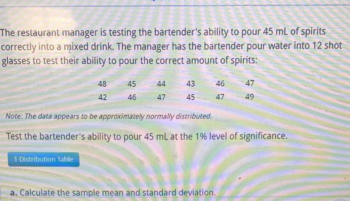 Solved The restaurant manager is testing the bartender's | Chegg.com