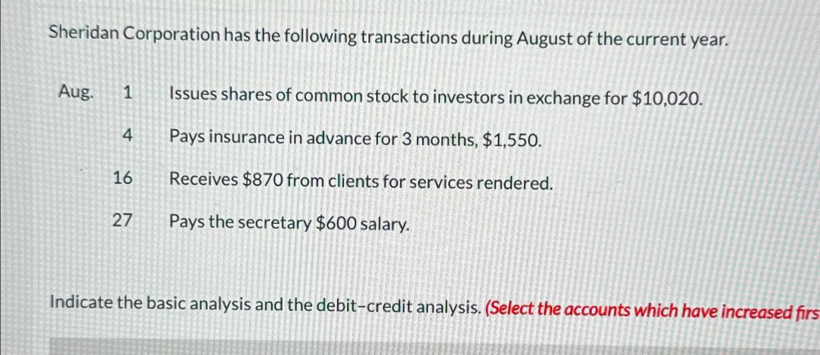 Solved Sheridan Corporation has the following transactions | Chegg.com