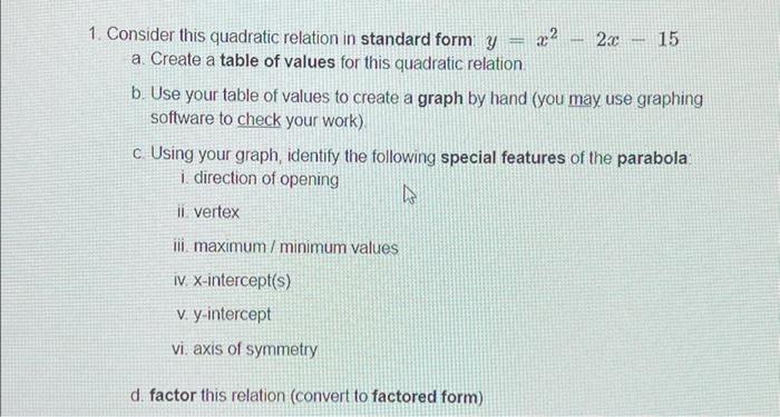 Solved 1. Consider this quadratic relation in standard form | Chegg.com
