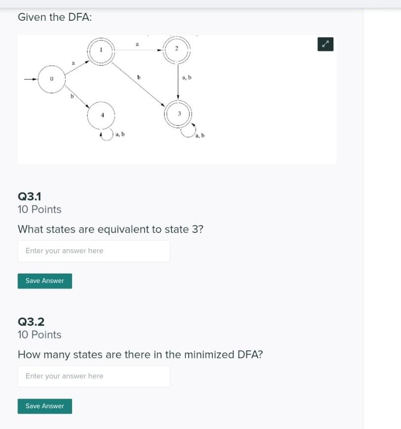 Solved Given the DFA: 2 0 2,1 3 b Q3.1 10 Points What states | Chegg.com