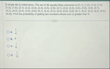 Solved A single die is rolled twice. The set of 36 ﻿equally | Chegg.com