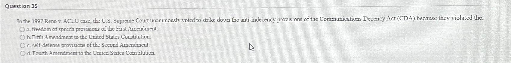 Solved Question 35In the 1997 ﻿Reno v. ﻿ACLU case, the U.S. | Chegg.com