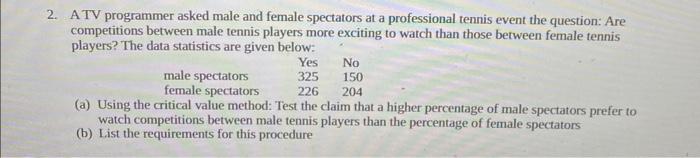 Solved A TV programmer asked male and female spectators at a | Chegg.com Solved A TV programmer asked male and female spectators at a | Chegg.com