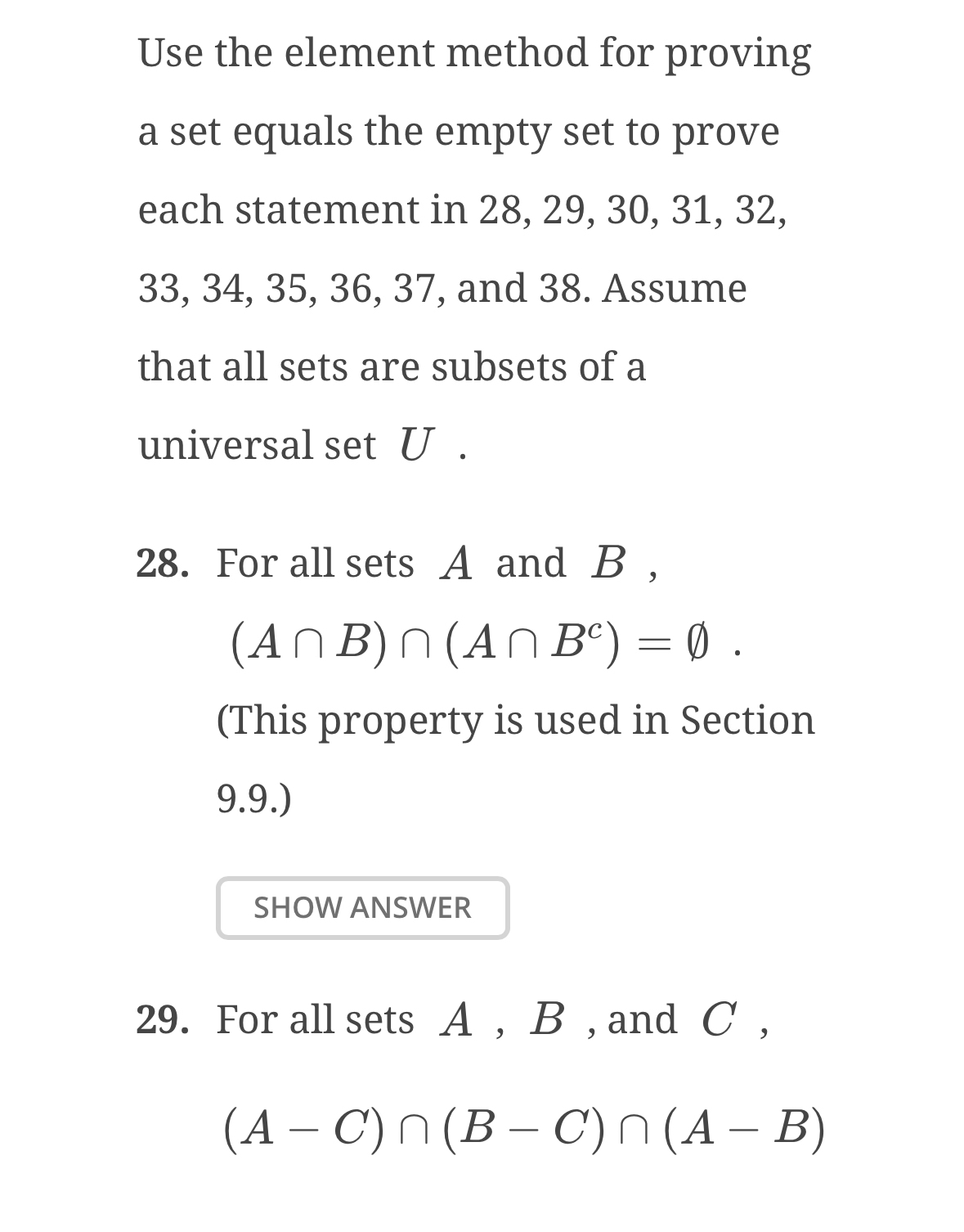 Solved Use the element method for proving a set equals the | Chegg.com