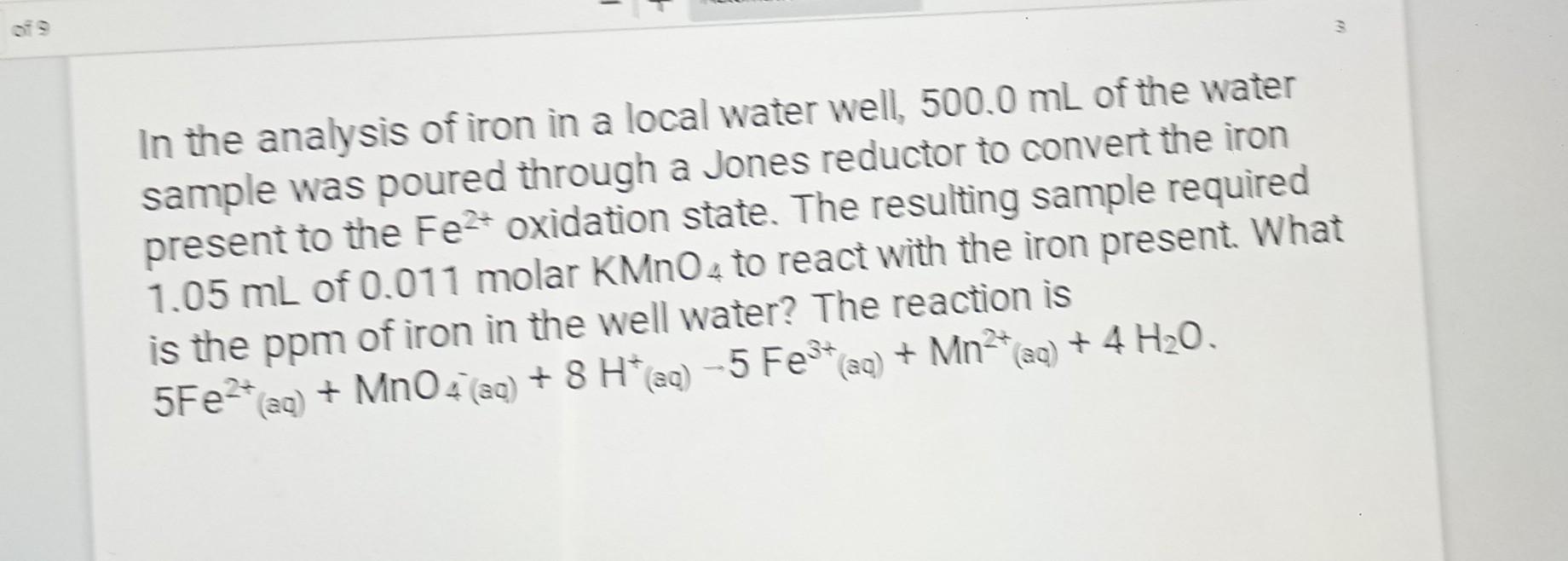 Solved In the analysis of iron in a local water well, 500.0 | Chegg.com