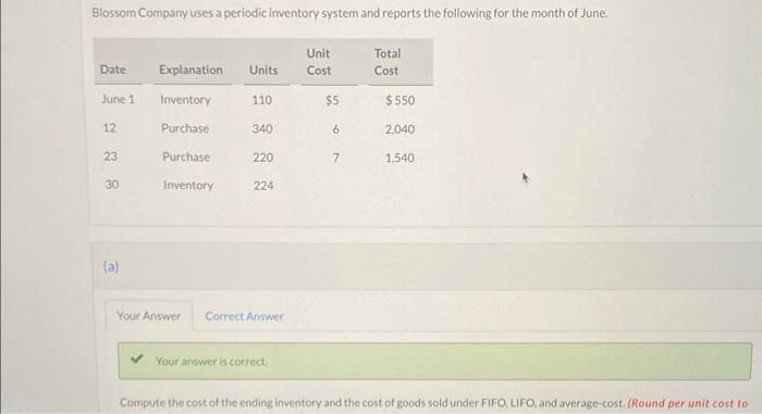 Solved Blossom Company uses a periodic inventory system and | Chegg.com