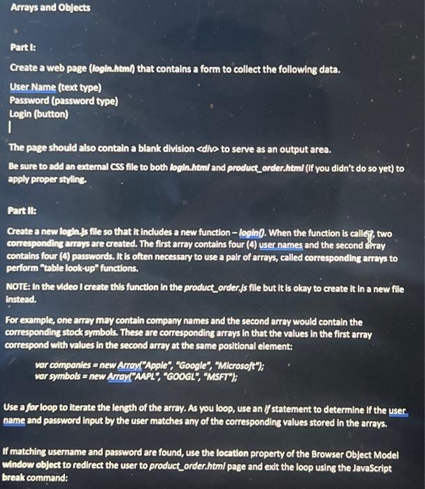 Solved Arrays and Objects Part: Create a web page | Chegg.com