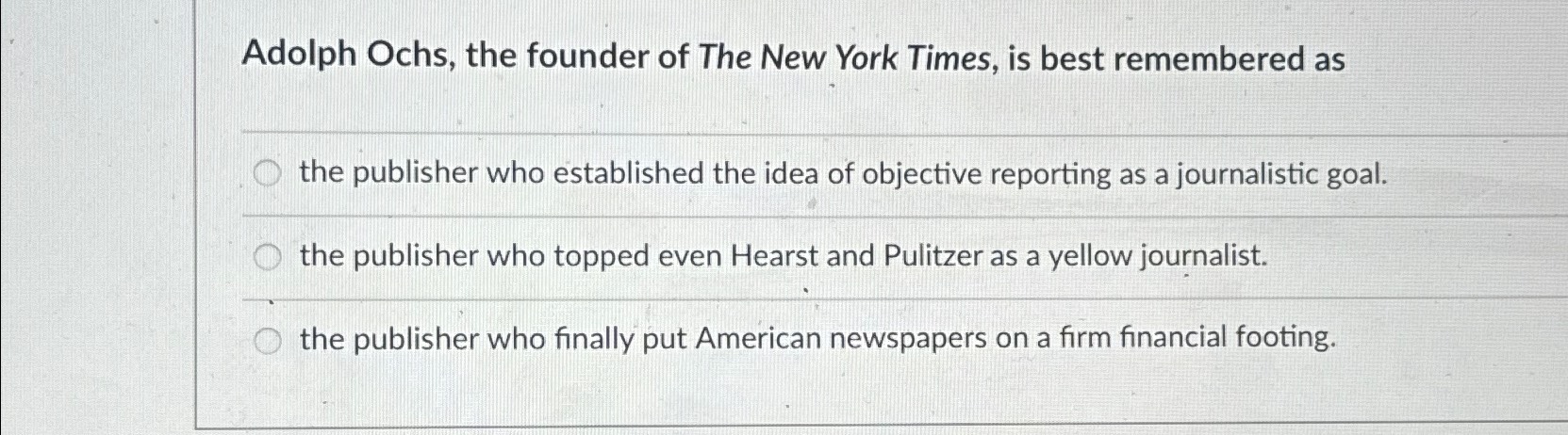 Solved Adolph Ochs, the founder of The New York Times, is | Chegg.com