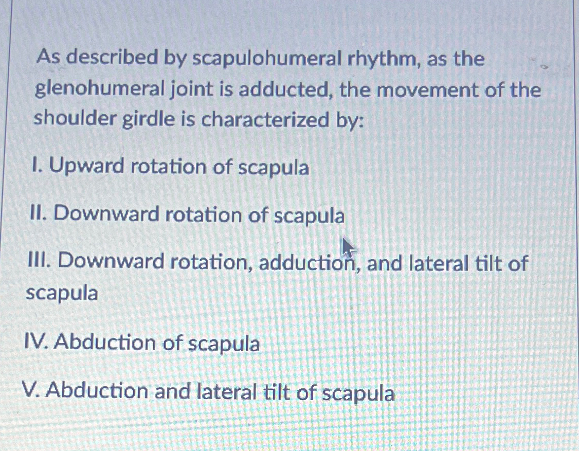 Solved As described by scapulohumeral rhythm, ﻿as the | Chegg.com