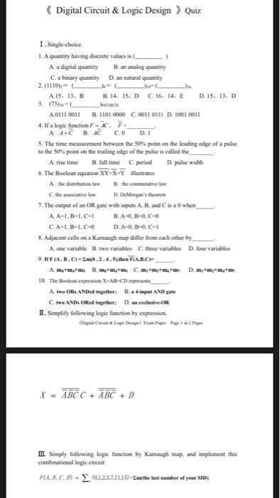 Solved Digital Circuit & Logic Design > Quiz 1. | Chegg.com