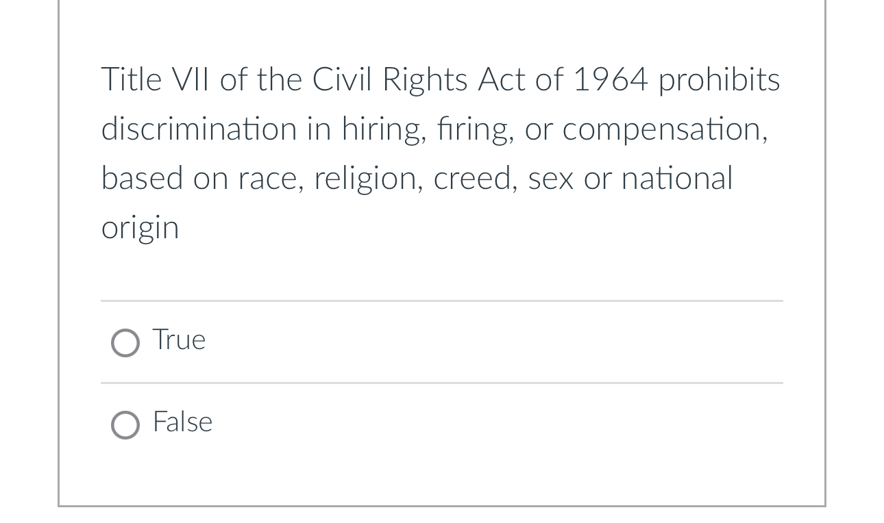 Solved Title VII of the Civil Rights Act of 1964 ﻿prohibits | Chegg.com