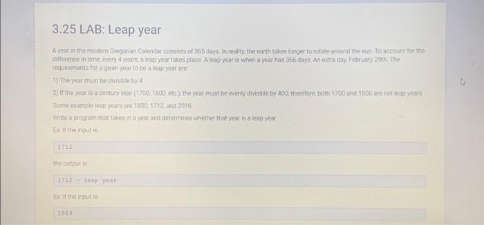 Solved 3.25 LAB: Leap year A year in the modorn Gregorian | Chegg.com