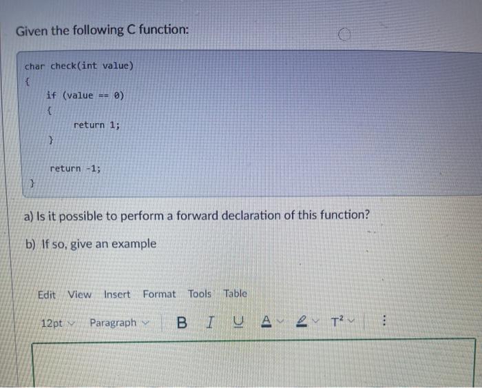 Solved Given the following C function: char check(int value) | Chegg.com