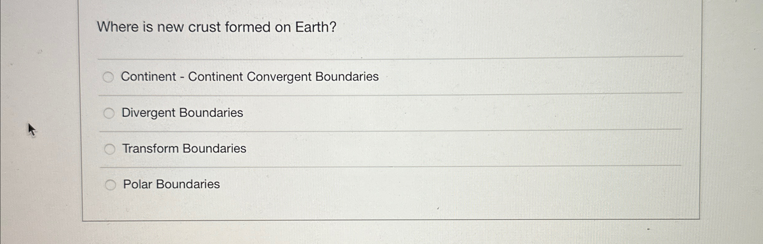 Solved Where is new crust formed on Earth?Continent - | Chegg.com