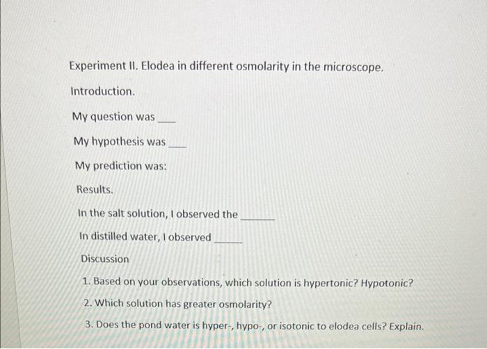 Solved Exercise II. Make you question, hypothesis and | Chegg.com