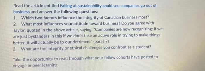 Solved Read the article entitled Failing at sustainability | Chegg.com