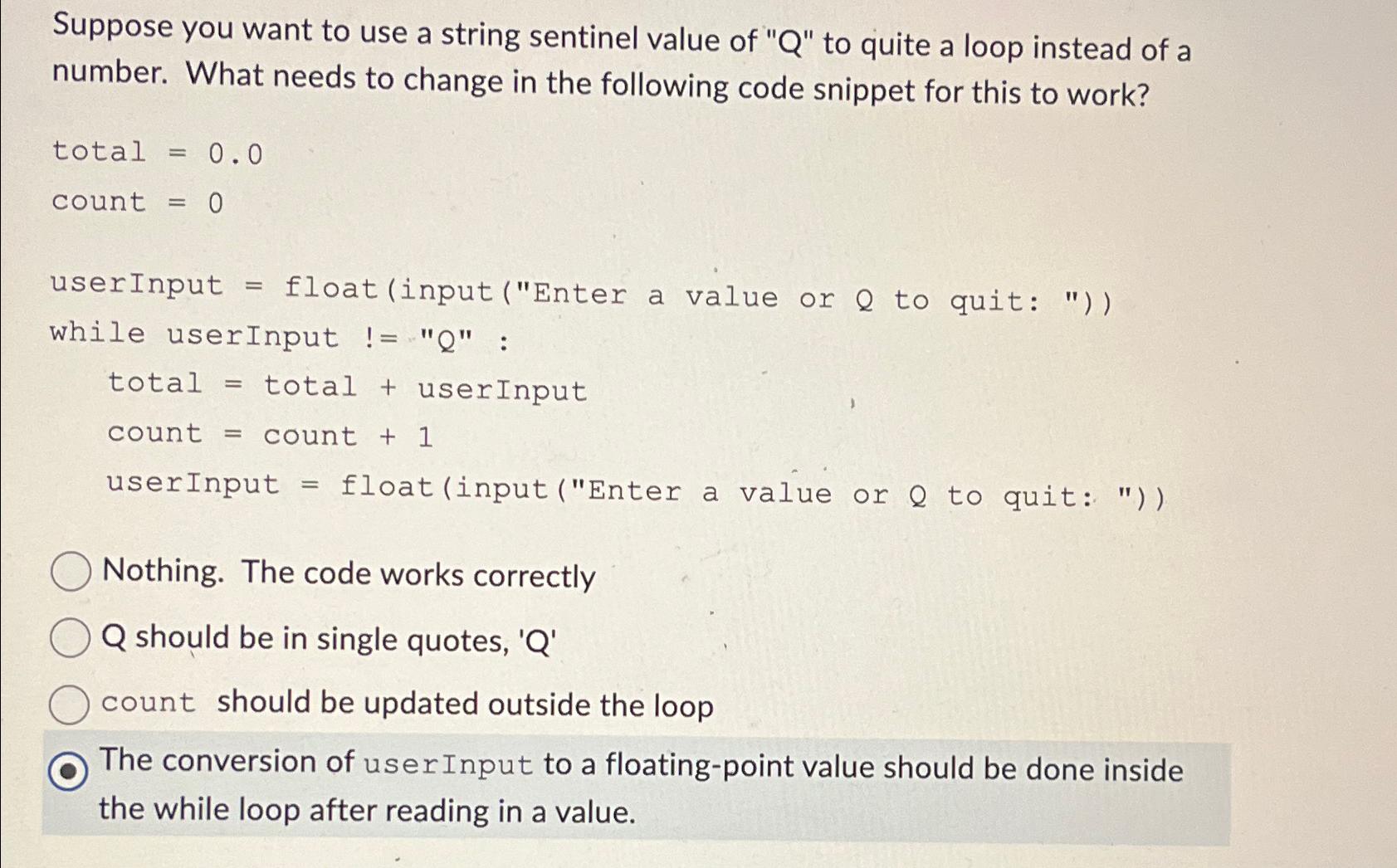 Solved Suppose you want to use a string sentinel value of | Chegg.com