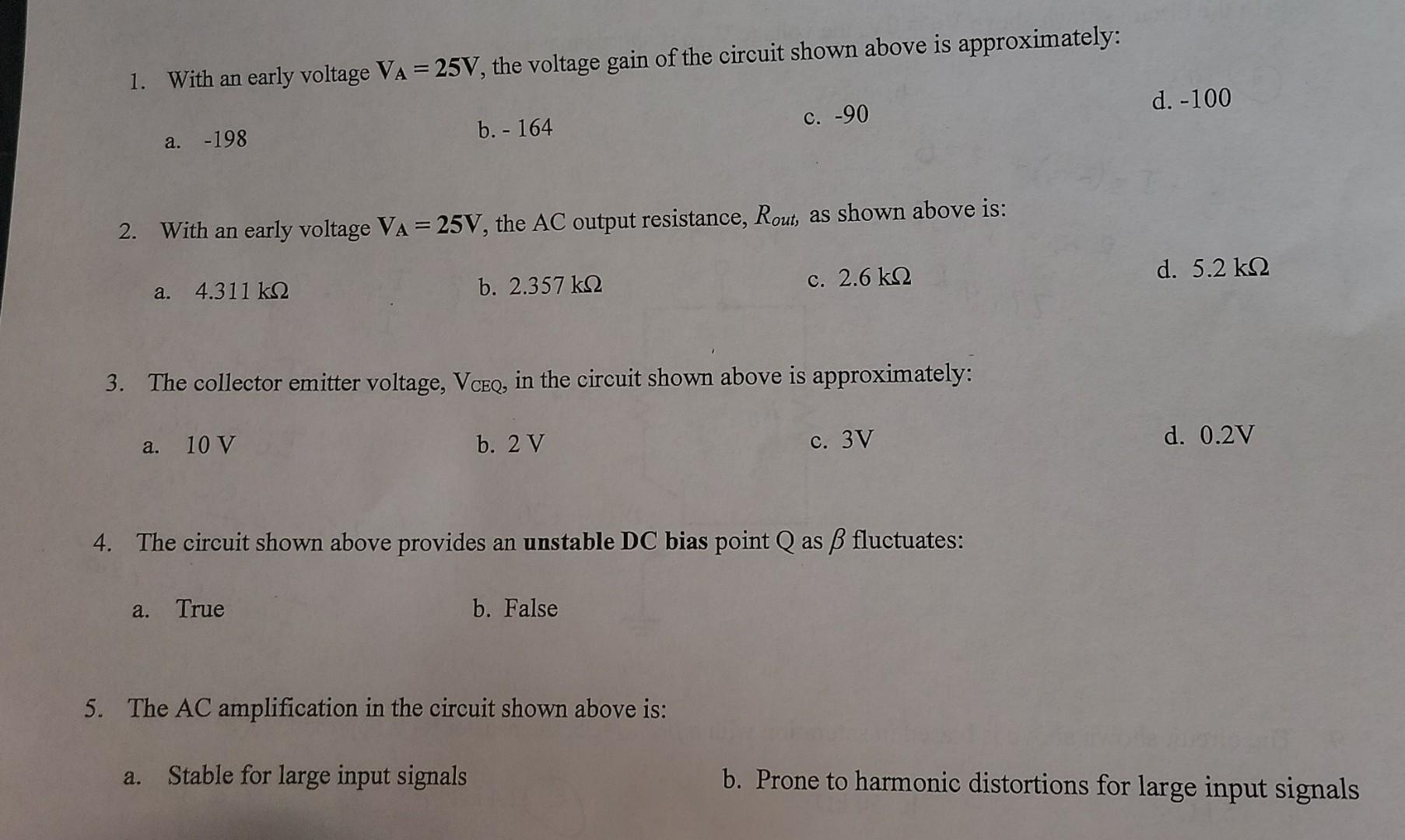 Solved 1. With an early voltage VA=25V, the voltage gain of | Chegg.com
