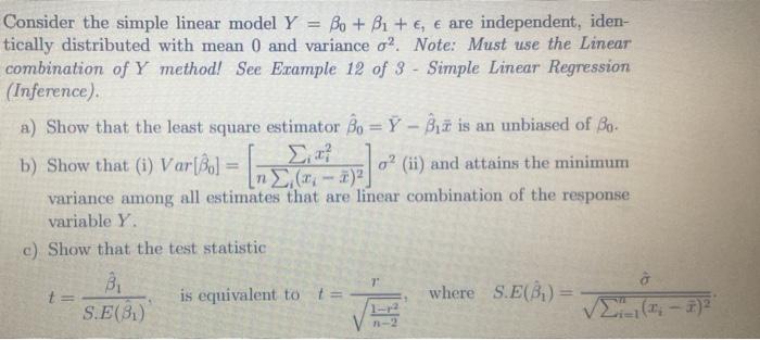 Solved Consider the simple linear model Y = Bo + B1+ e, e | Chegg.com