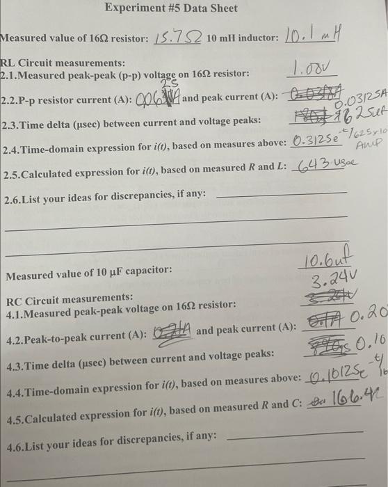 Experiment \#5 Data Sheet Measured value of 16Ω | Chegg.com
